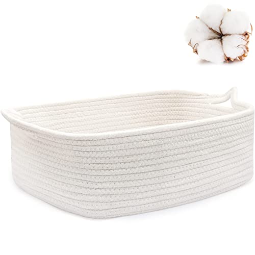 ABenkle Rope Basket, Small Storage Basket, Gift Basket, Rectangle Basket, Under Shelf Basket, Decorative Boho White Basket, Rope Woven Basket with Handle for Baby Dog Toy Egg Fruit Snack Towel Easter