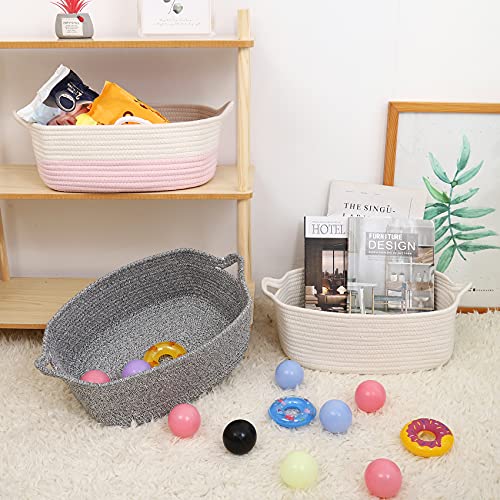 ABenkle Rope Basket, Small Storage Basket, Gift Basket, Rectangle Basket, Under Shelf Basket, Decorative Boho White Basket, Rope Woven Basket with Handle for Baby Dog Toy Egg Fruit Snack Towel Easter