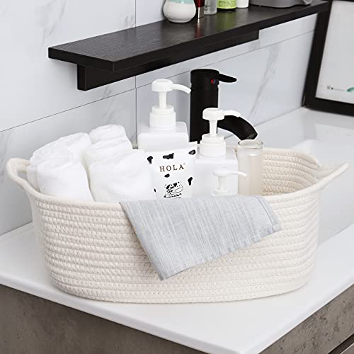 ABenkle Rope Basket, Small Storage Basket, Gift Basket, Rectangle Basket, Under Shelf Basket, Decorative Boho White Basket, Rope Woven Basket with Handle for Baby Dog Toy Egg Fruit Snack Towel Easter