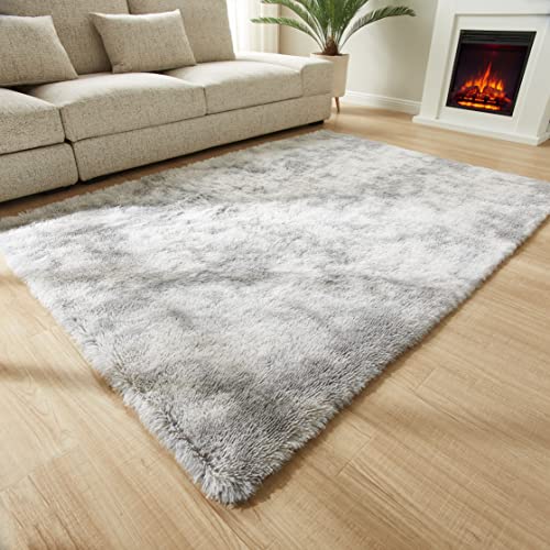 GKLUCKIN Shag Ultra Soft Area Rug, Non-Skid Fluffy 5'x8' Tie-Dyed Light Grey Fuzzy Indoor Faux Fur Rugs for Living Room Bedroom Nursery Decor Furry Carpet Kids Playroom