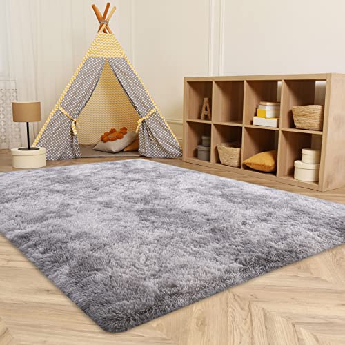 GKLUCKIN Shag Ultra Soft Area Rug, Non-Skid Fluffy 5'x8' Tie-Dyed Light Grey Fuzzy Indoor Faux Fur Rugs for Living Room Bedroom Nursery Decor Furry Carpet Kids Playroom