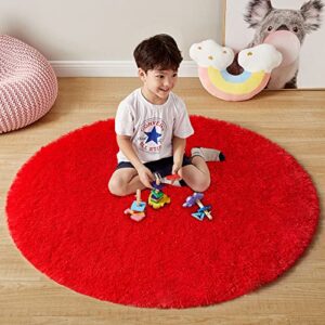 gkluckin fluffy round rugs, cozy soft 4ft circle red rugs for kids room cute furry circular rugs fuzzy comfy nursery rugs shaggy plush rugs for boys girls room