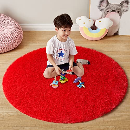 GKLUCKIN Fluffy Round Rugs, Cozy Soft 4ft Circle Red Rugs for Kids Room Cute Furry Circular Rugs Fuzzy Comfy Nursery Rugs Shaggy Plush Rugs for Boys Girls Room