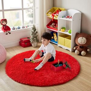 GKLUCKIN Fluffy Round Rugs, Cozy Soft 4ft Circle Red Rugs for Kids Room Cute Furry Circular Rugs Fuzzy Comfy Nursery Rugs Shaggy Plush Rugs for Boys Girls Room