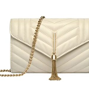 Genuine Leather Clutch Crossbody Bag Quilted Evening Bag for Women Fashion Shoulder Clutch Handbag with Chain - White