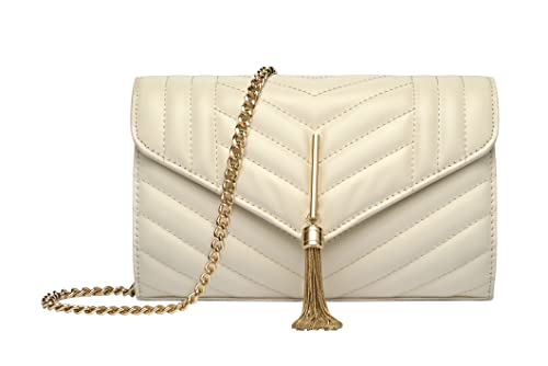 Genuine Leather Clutch Crossbody Bag Quilted Evening Bag for Women Fashion Shoulder Clutch Handbag with Chain - White