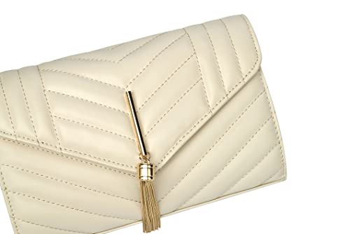 Genuine Leather Clutch Crossbody Bag Quilted Evening Bag for Women Fashion Shoulder Clutch Handbag with Chain - White