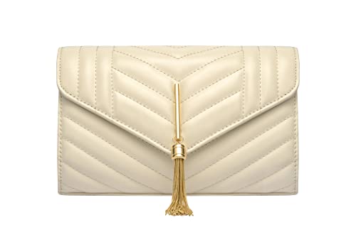 Genuine Leather Clutch Crossbody Bag Quilted Evening Bag for Women Fashion Shoulder Clutch Handbag with Chain - White