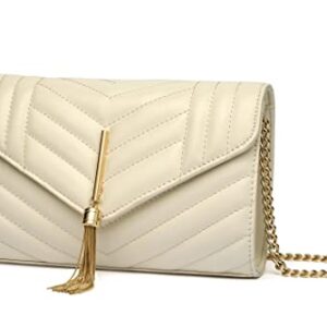 Genuine Leather Clutch Crossbody Bag Quilted Evening Bag for Women Fashion Shoulder Clutch Handbag with Chain - White