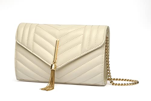 Genuine Leather Clutch Crossbody Bag Quilted Evening Bag for Women Fashion Shoulder Clutch Handbag with Chain - White