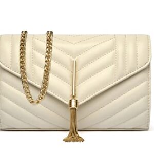 Genuine Leather Clutch Crossbody Bag Quilted Evening Bag for Women Fashion Shoulder Clutch Handbag with Chain - White