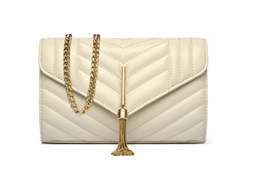 Genuine Leather Clutch Crossbody Bag Quilted Evening Bag for Women Fashion Shoulder Clutch Handbag with Chain - White