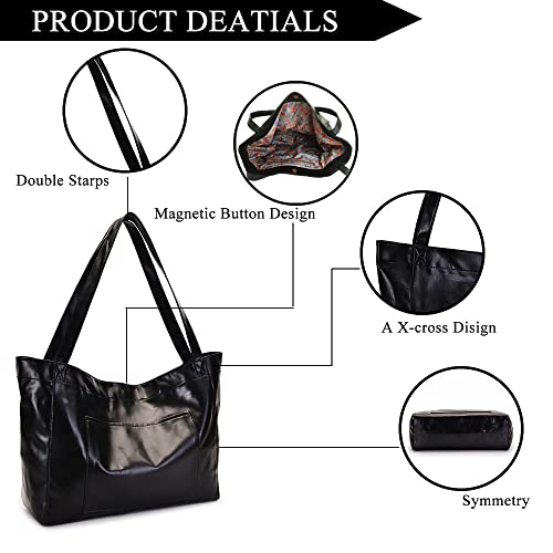 Women's Leather Tote Purses Designer Handbags Shoulder Bucket Tote Bag With Top Handles (Black 2)