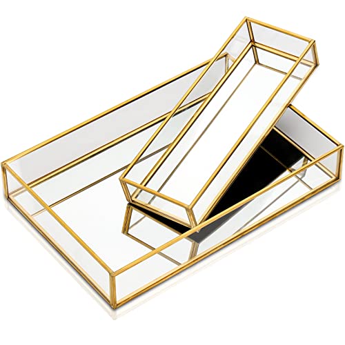 Lyellfe 2 Pack Perfume Trays, Gold Vanity Tray, Decorative Gold Mirror Tray, Non Slip Rectangular Perfume Tray for Jewelry, Bathroom, Coffee Table