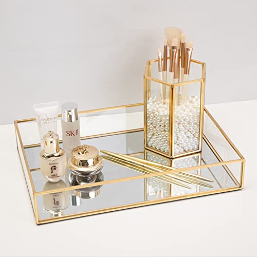 Lyellfe 2 Pack Perfume Trays, Gold Vanity Tray, Decorative Gold Mirror Tray, Non Slip Rectangular Perfume Tray for Jewelry, Bathroom, Coffee Table