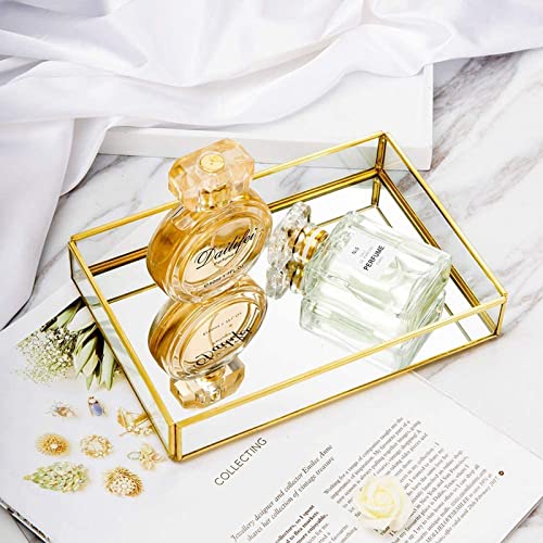 Lyellfe 2 Pack Perfume Trays, Gold Vanity Tray, Decorative Gold Mirror Tray, Non Slip Rectangular Perfume Tray for Jewelry, Bathroom, Coffee Table