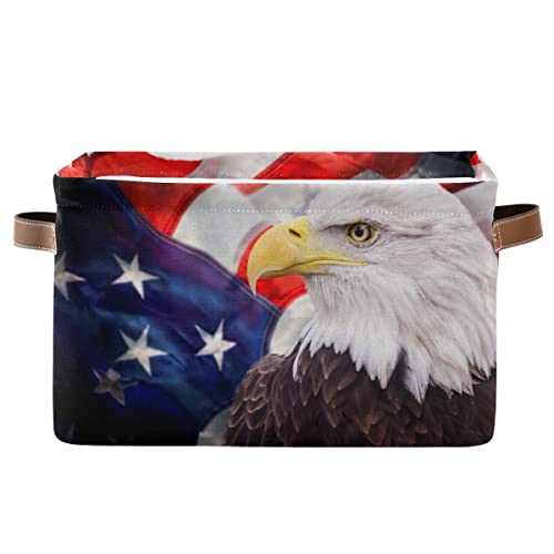 Foldable Storage Baskets,American Flag Eagle Storage Bins with Handles, Decorative Cloth Organizer Storage Boxes for Home|Office 15 x 11 x 9.5 in