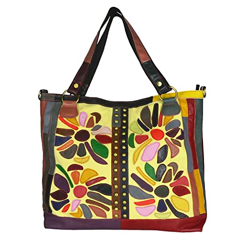 Sibalasi Women’s Trendy Canvas Tote Bags Multicolor Genuine Leather shoulder bag Colorful Handbag Unique Designer Purse with Coin Purse 2pcs/set