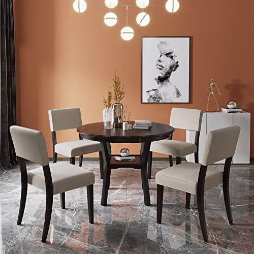 Merax 5-Piece Kitchen Dining Table Set Round Table with Bottom Shelf, 4 Upholstered Chairs for Dining Room（Espresso）