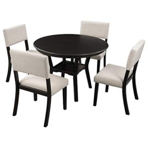 Merax 5-Piece Kitchen Dining Table Set Round Table with Bottom Shelf, 4 Upholstered Chairs for Dining Room（Espresso）