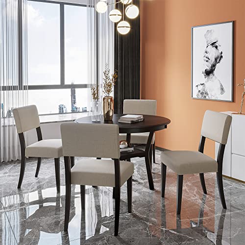 Merax 5-Piece Kitchen Dining Table Set Round Table with Bottom Shelf, 4 Upholstered Chairs for Dining Room（Espresso）