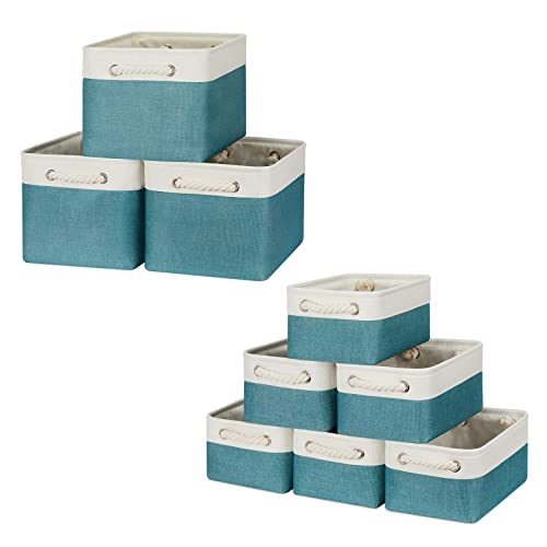 Bidtakay Baskets Set Fabric Storage Bins-Teal Blue Bundled Baskets of 3 Medium Baskets 15" X 11" X 9.5" + 6 Small Baskets 11.8" X 7.8" X 5" for Shelves, Organizing