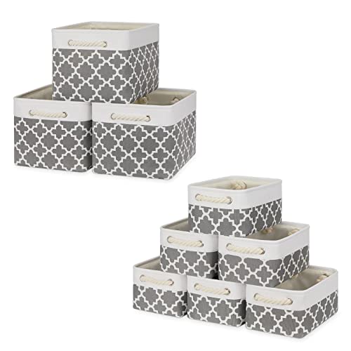 Bidtakay Baskets Set Fabric Storage Bins-White&Quatrefoil Grey Bundled Baskets of 3 Medium Baskets 15" X 11" X 9.5" + 6 Small Baskets 11.8" X 7.8" X 5" for Shelves, Organizing