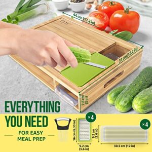 YANs Bamboo Cutting Board with Containers for Easy Meal Prep - Full Chopping Board Set with Extra Large Storage - Durable Wood Cutting Board Organizer incl Juice Groove to Keep Your Kitchen Tidy - Set