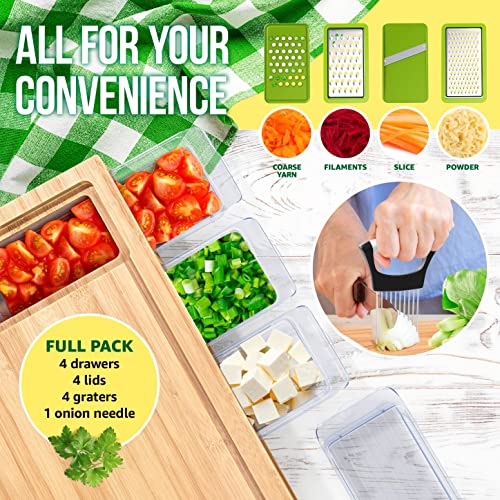 YANs Bamboo Cutting Board with Containers for Easy Meal Prep - Full Chopping Board Set with Extra Large Storage - Durable Wood Cutting Board Organizer incl Juice Groove to Keep Your Kitchen Tidy - Set