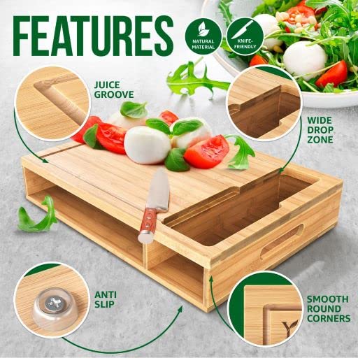 YANs Bamboo Cutting Board with Containers for Easy Meal Prep - Full Chopping Board Set with Extra Large Storage - Durable Wood Cutting Board Organizer incl Juice Groove to Keep Your Kitchen Tidy - Set