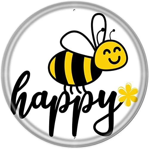 RIFOSA Round Tin Christmas Signs Be Happy Sign Bumble Bee Sign Summer Sign Wreath Sign - Gift for Christmas Housewarming Holiday Home Decoration 12IN