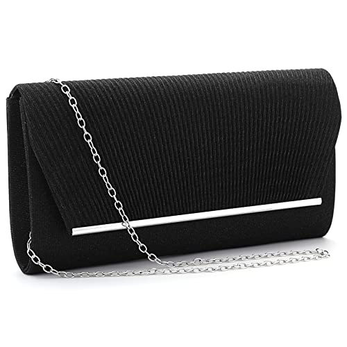 AIJUN Women Glitter Clutch Purses Pleated Evening Bags Flap Envelope Handbags Wedding Party Prom Purse with Detachable Chain (Black)