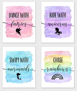 girls room decor posters – unframed set of 4 watercolor prints, 8×10 inch, inspirational children’s wall art for modern girls bedroom playroom nursery wall decor artwork for tween girl and kids