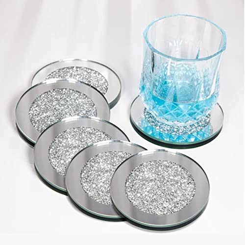 Mirrored Glass Coasters, Set of 6, Diamond Decor, Silver Wine Coaster, Elegant Mirror, Fancy, Glam, for Home Kitchen Table Bar Accessories, Round (4” x 4”)