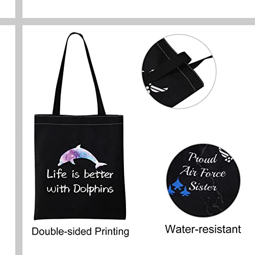 VAMSII Dolphin Tote Bag Dolphin Lover Gifts Life is Better with Dolphins Shoulder Bag Dolphin Gifts Shopping Bag (Tote Bag)