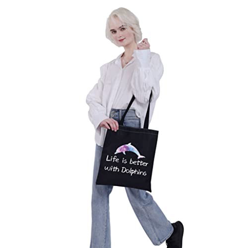 VAMSII Dolphin Tote Bag Dolphin Lover Gifts Life is Better with Dolphins Shoulder Bag Dolphin Gifts Shopping Bag (Tote Bag)