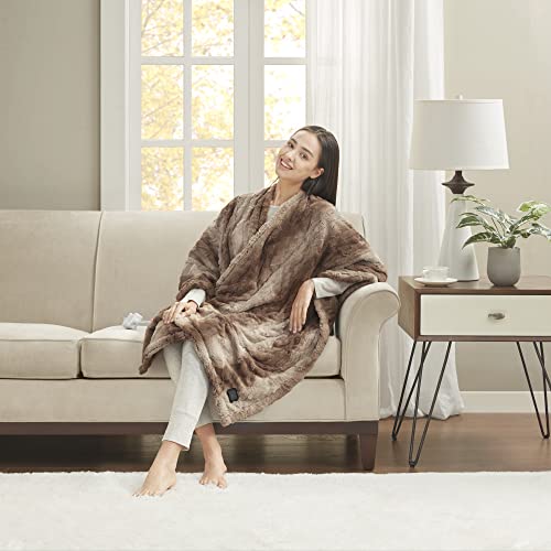 Beautyrest Zuri Reversible Faux Fur to Mink Electric Blanket, Auto Shut Off, Virtually Zero EMF, Multi Heat Setting, UL Certified, Machine Washable, Tan Throw 50x64