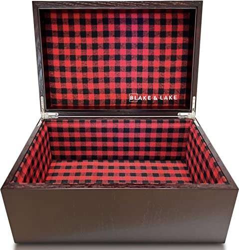 Large Oak Wooden Keepsake Box - Storage Box Lined with Buffalo Plaid - Wooden boxes with Hinged Lid - Decorative Box for Home Jewelry Baby (Hinge Box)