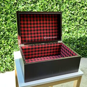 Large Oak Wooden Keepsake Box - Storage Box Lined with Buffalo Plaid - Wooden boxes with Hinged Lid - Decorative Box for Home Jewelry Baby (Hinge Box)