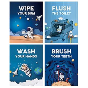 faljiok funny bathroom outer space planet wall art prints decor, bathroom sign brush wash brush, bathroom gift for kids son brother grandson set of 4 (8”x10”) unframed