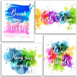 faljiok watercolor bathroom decor wall art prints, funny bathroom brush wash, colorful abstract paint splats bathroom wall art prints, set of 4 (8”x10”) unframed