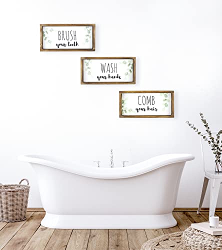 ABRADZ Bathroom Wall Decor Rustic Wood Farmhouse Bathroom Wall Decor Country Bathroom Decor Bathroom Sign & Plaque (Set of 3) Wash Your Hands Brush Your Teeth Comb Your Hair Bathroom Decorations