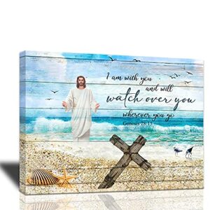 christian inspirational decor wall art jesus and cross on beach picture motivational scripture bible verse canvas prints teal and blue framed artwork for living room bedroom bathroom large 16″x12″