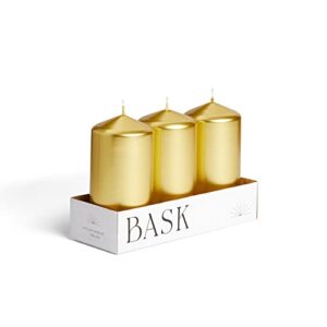 metallic cone top pillar candles by bask – set of 3-3″ x 6″ dripless unscented holiday candles in metallic gold for home decor, relaxation & all occasions