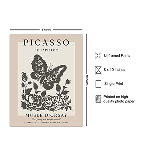 Pablo Picasso Poster Wall Art & Decor - 8x10 Modern Wall Art Prints - Gallery Wall Art - Museum Poster - Contemporary Wall Art - Butterfly Picture - Living Room, Bedroom - Women Housewarming Gift