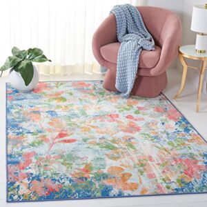 SAFAVIEH Paint Brush Collection Machine Washable Slip Resistant 5'5" x 7'6" Navy/Orange PTB157N Floral Distressed Living Room Dining Bedroom Area Rug