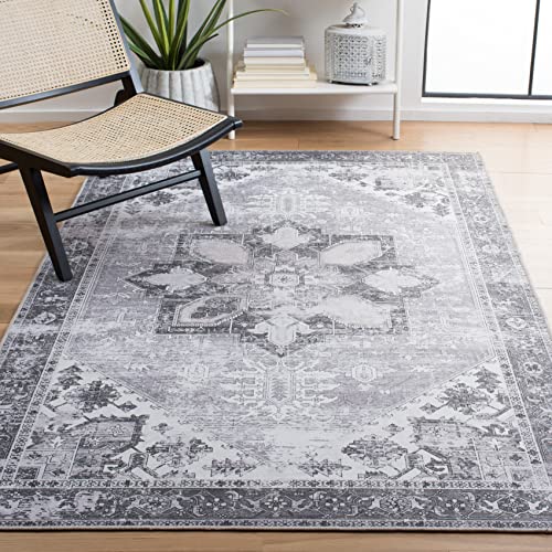 SAFAVIEH Tucson Collection Machine Washable Slip Resistant 4' x 6' Grey/Ivory TSN102F Vintage Persian Medallion Entryway Living Room Foyer Bedroom Accent Rug