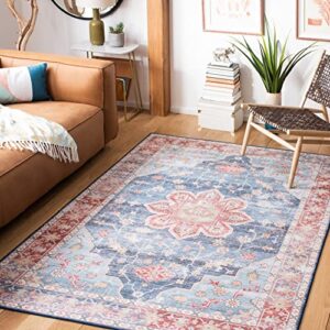 safavieh tucson collection machine washable slip resistant 6′ x 9′ blue/rust tsn110m vintage persian medallion living room dining bedroom area rug