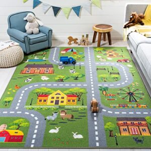 safavieh kids playhouse collection machine washable slip resistant 6’7″ x 9′ dark green/light grey kph235y village road playroom nursery bedroom area rug