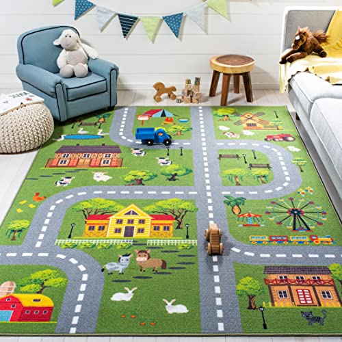 Safavieh Kids Playhouse Collection Machine Washable Slip Resistant 6'7" x 9' Dark Green/Light Grey KPH235Y Village Road Playroom Nursery Bedroom Area Rug